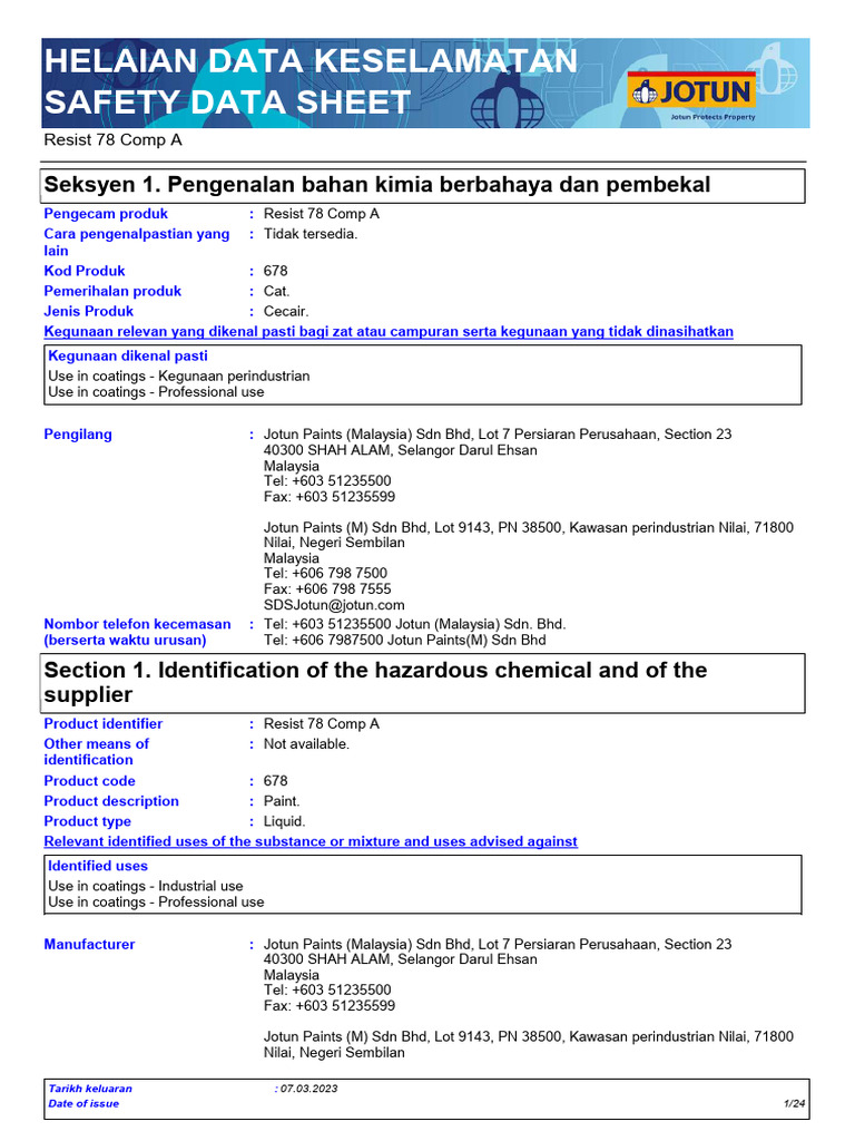 SDS 678 Resist 78 Comp A MSL Euk MY | PDF