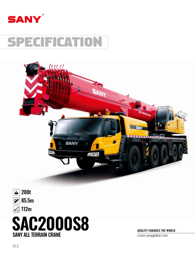 SANY 200t All-Terrain Crane Specs | PDF | Crane (Machine) | Steering