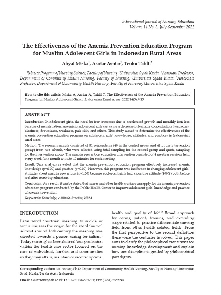 The Effectiveness of The Anemia Prevention Education Program For Muslim Adolescent Girls in ...