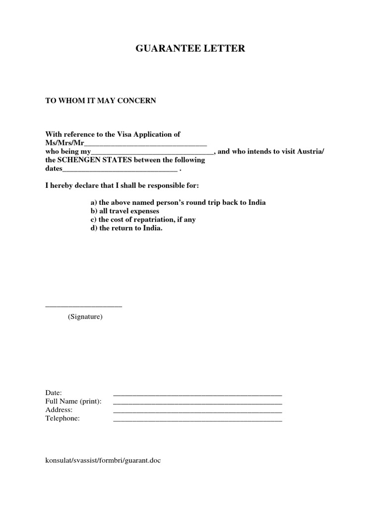 Visa Guarantee Letter Template | PDF