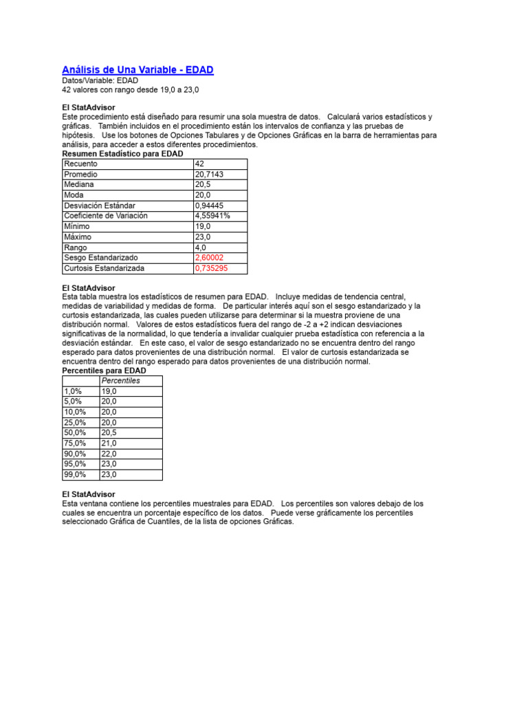 Análisis de Una Variable - Edad: El Statadvisor | Descargar gratis PDF ...