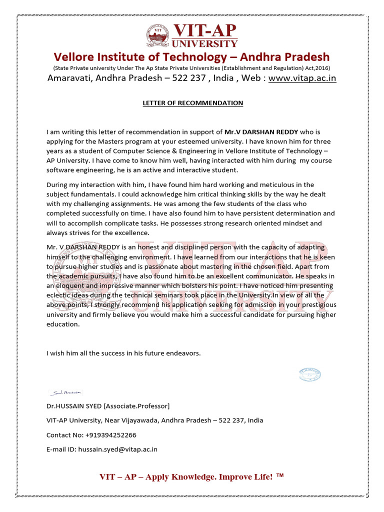 V DARSHAN REDDY LOR Hussain Syed | PDF