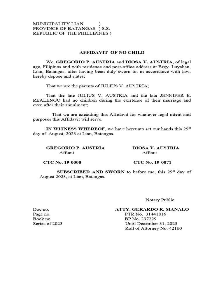 Joint Affidavit of No Child | PDF