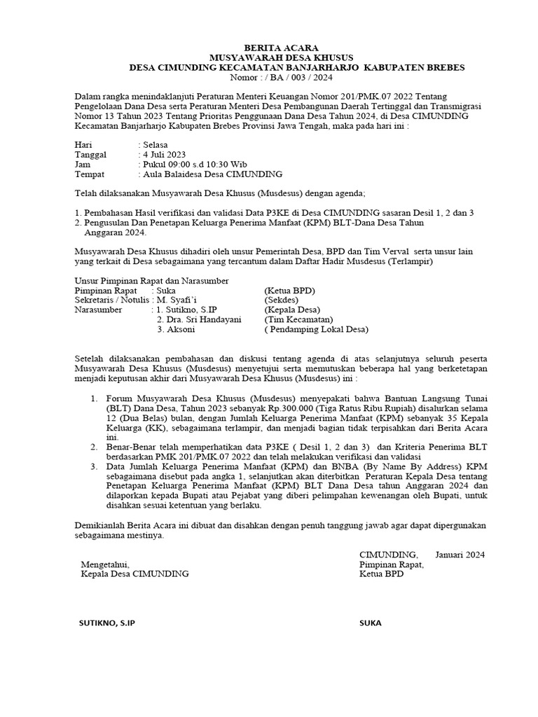 002 Berita Acara Musdesus KPM BLT 2023 | PDF