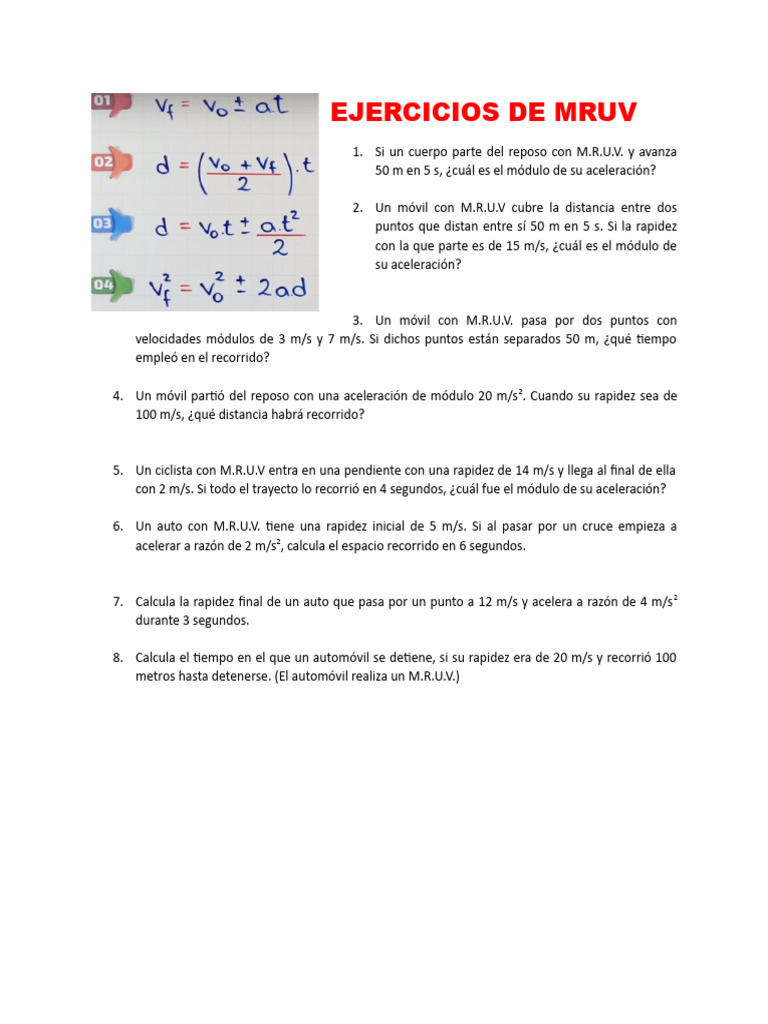 EJERCICIOS DE MRUV | PDF