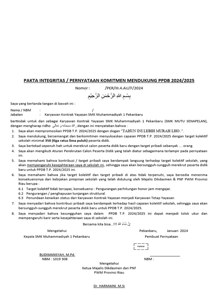 Pakta Integritas PPDB 2024-4 Karyawan Kontrak Yayasan | PDF