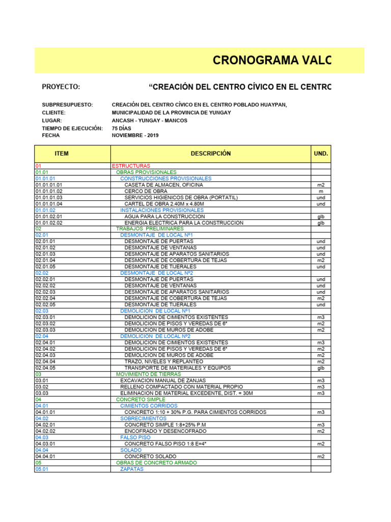 Cronograma Valorizado de Avance de Obra Centro Civico Final-Ok | Descargar gratis PDF ...