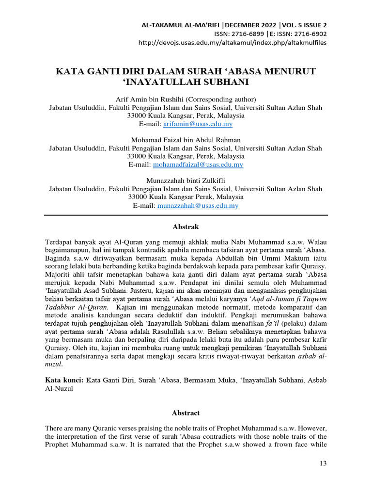 Kata Ganti Diri Dalam Surah Abasa Menurut Inayatullah Subhani | PDF ...
