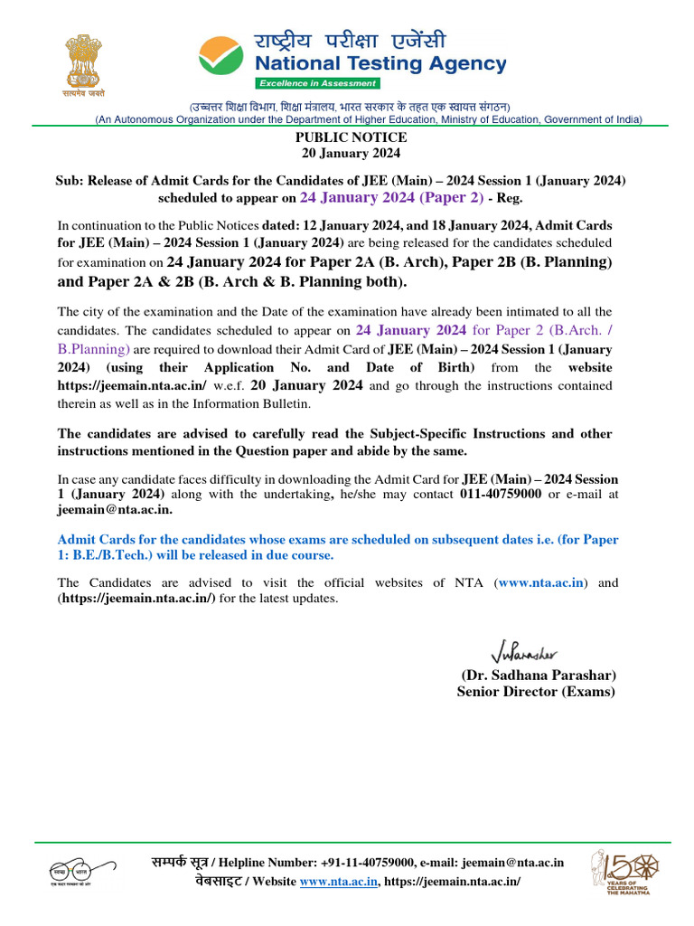 JEE Main 2024 Admit Card Release Notice | PDF