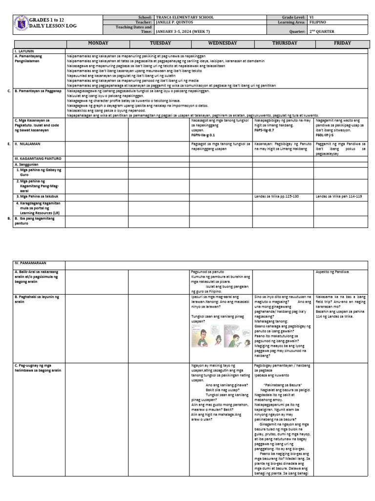 DLL - Filipino 6 - Q2 - W7 | PDF