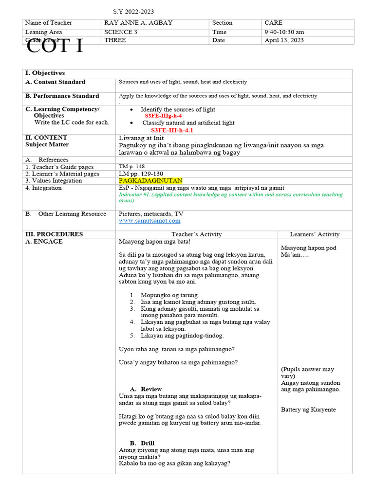 CO1 Natural and Artificial Light 22-23 | PDF
