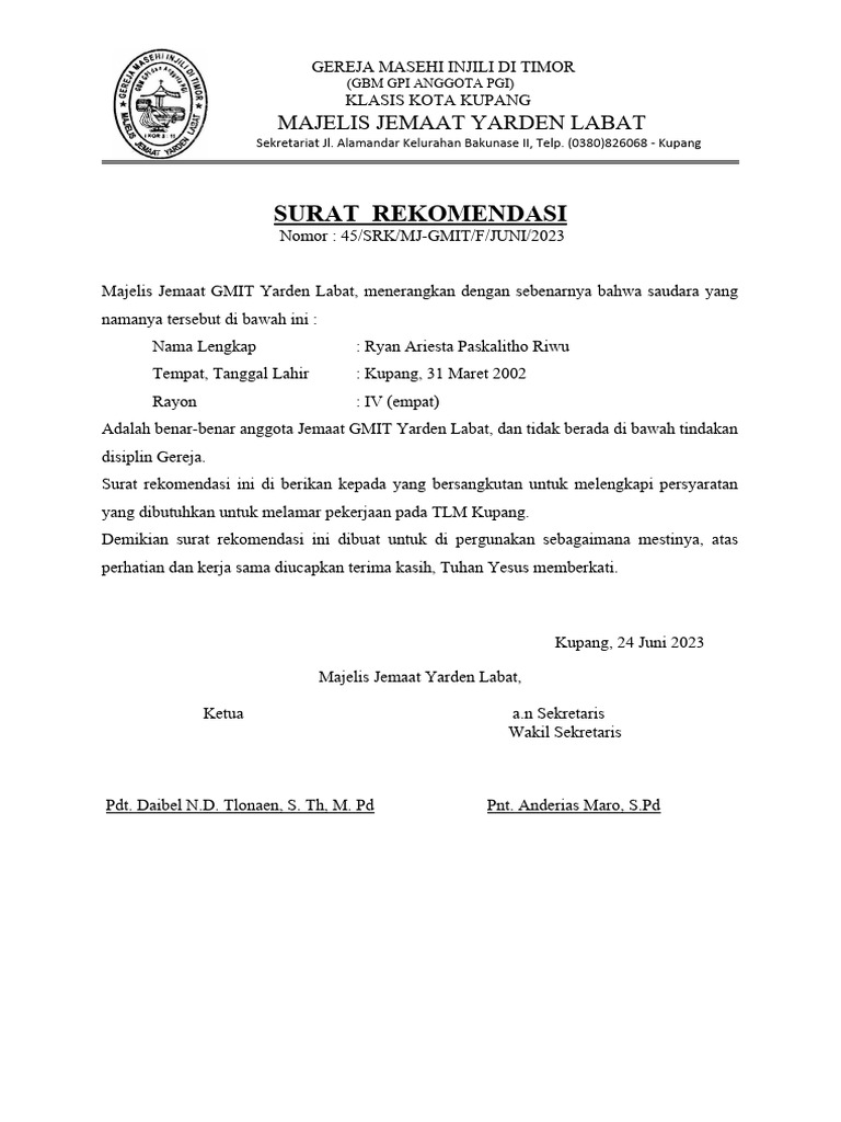 Surat Rekomendasi Anggota Gereja | PDF
