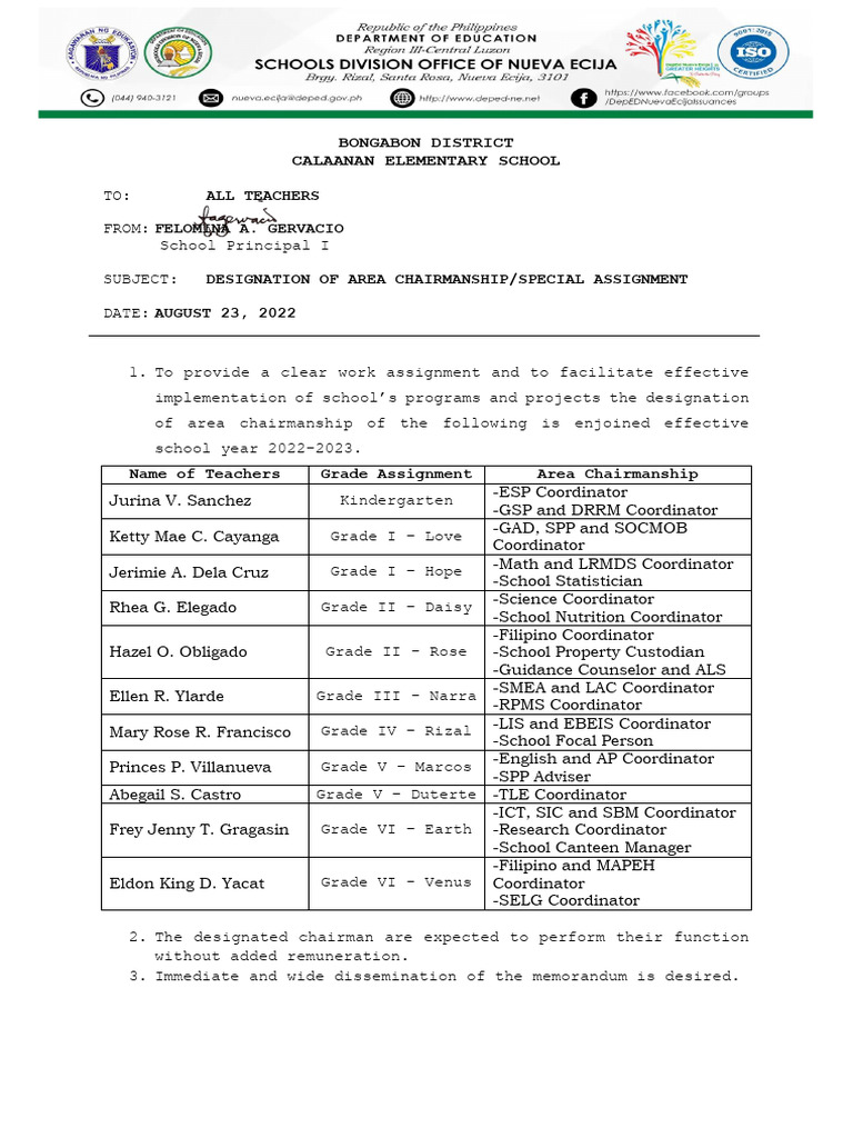School Memo Designation of Chairmanship | PDF