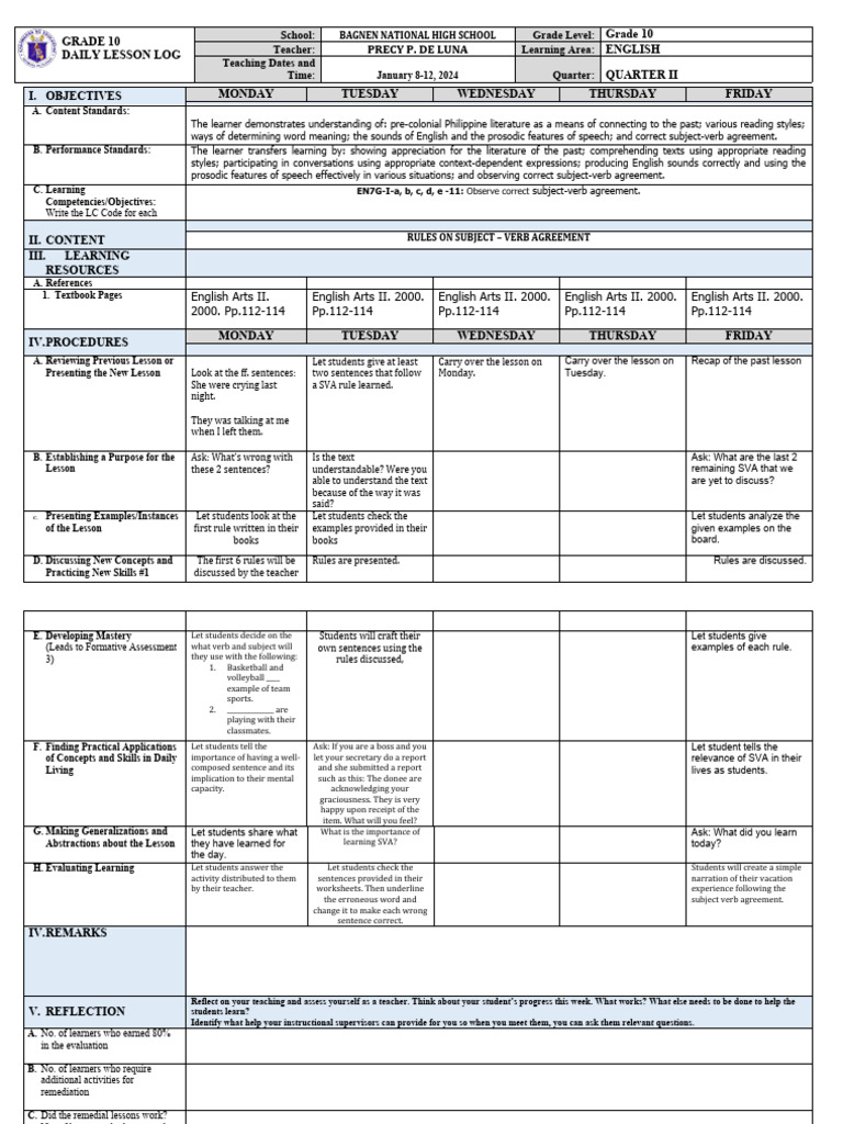 DLL Sva Sample | PDF | English Language | Teachers