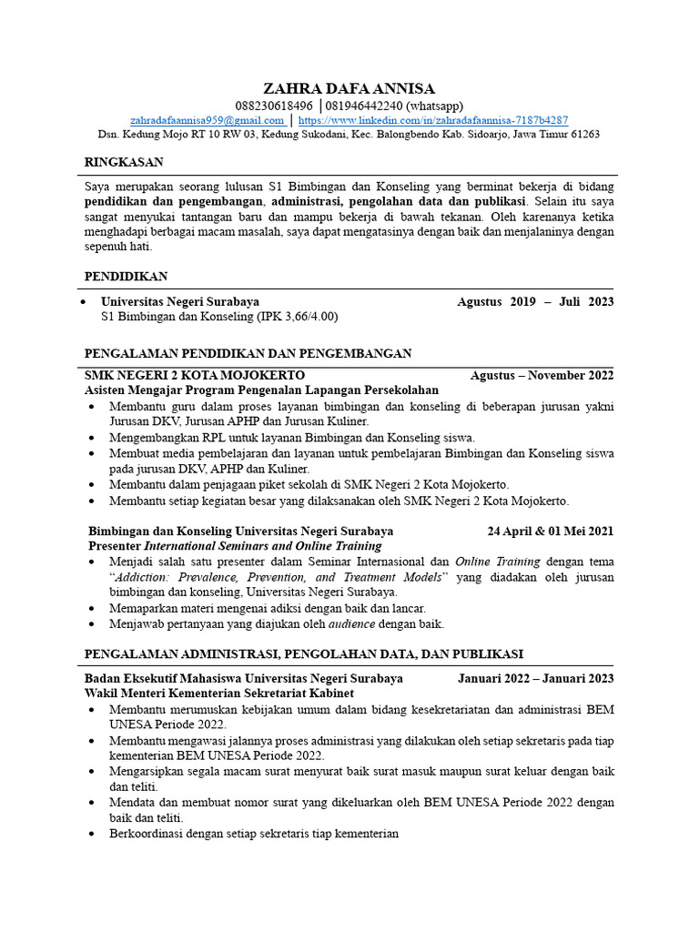 CV - Zahra Dafa Annisa | PDF | Karier & Perkembangan | Bisnis