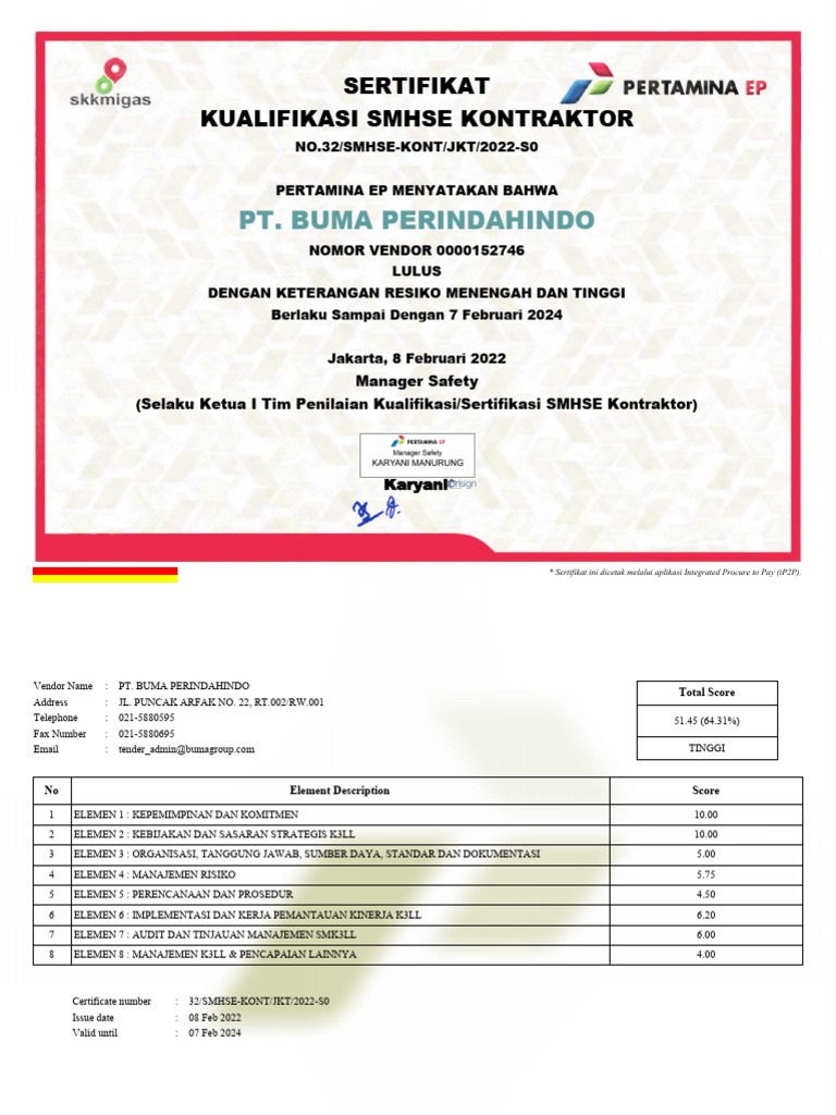 Sertifikat SMHSE PT. BUMA Perindahindo | PDF
