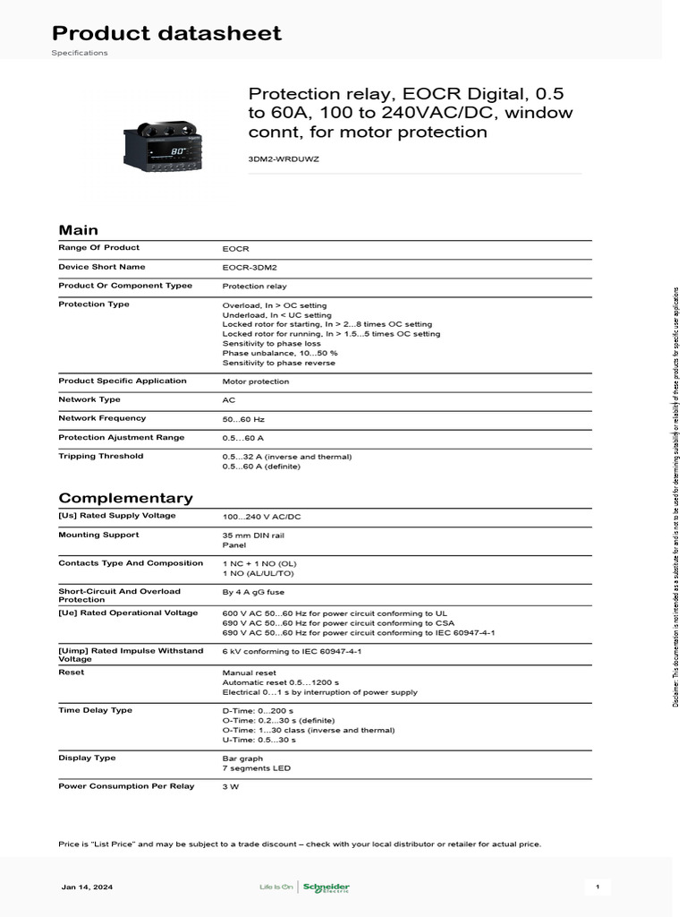 Schneider Electric - EOCR - 3DM2-WRDUWZ | PDF | Relay | Alternating Current