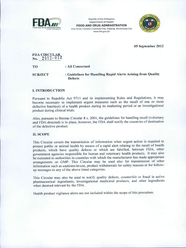 ACT8 - FDA Circular No. 2012-012 | PDF