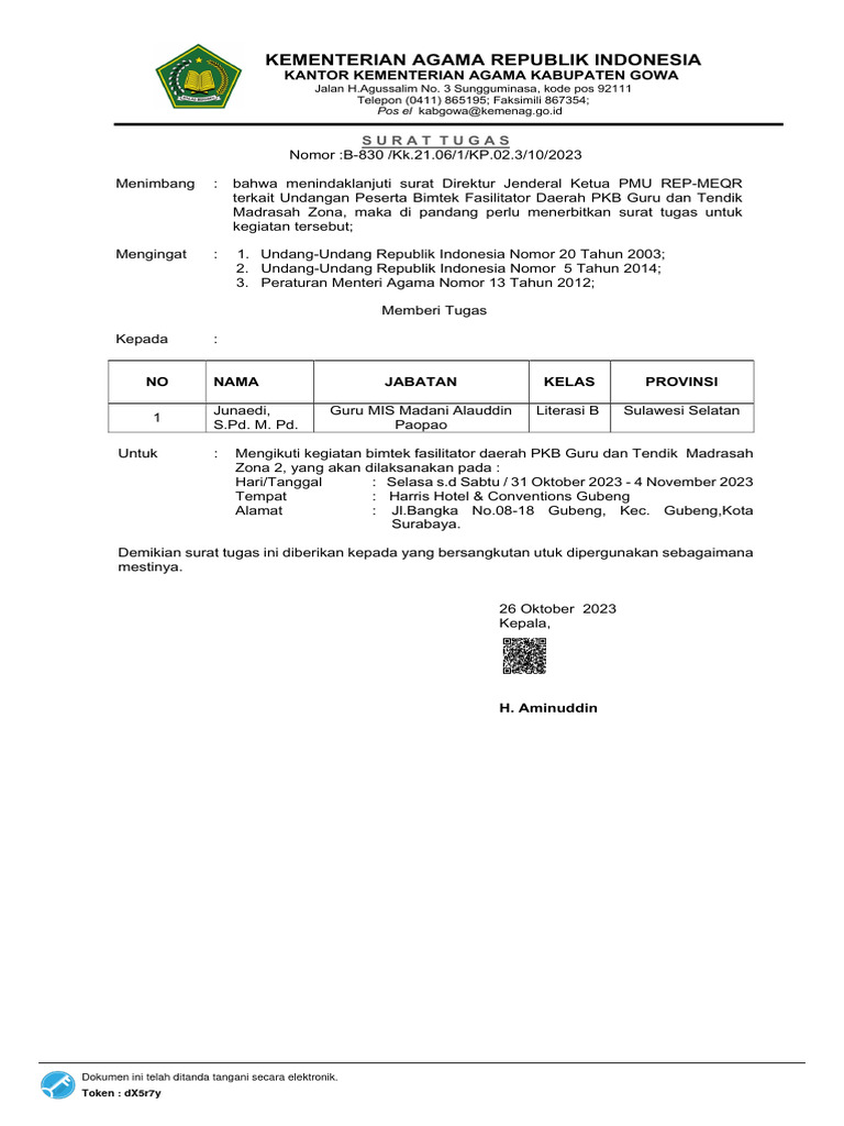 Surat Tugas Bimtek Fasda PKB & Tendik - Junaedi | PDF