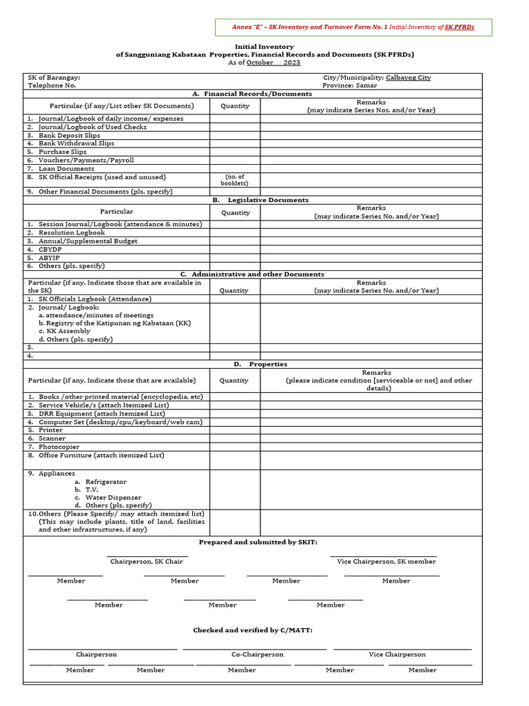 Annex E Initial Inventory of SK PFRDs SK Inventory and Turnover Form No ...