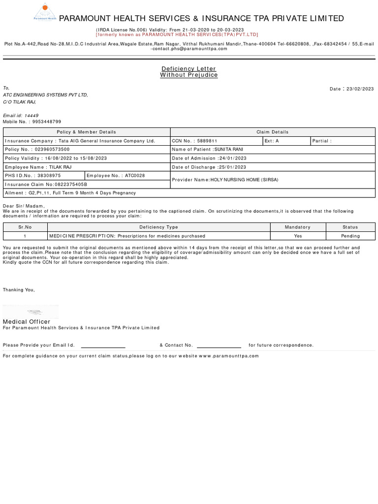 Paramount Health Services & Insurance Tpa Private Limited: Deficiency ...