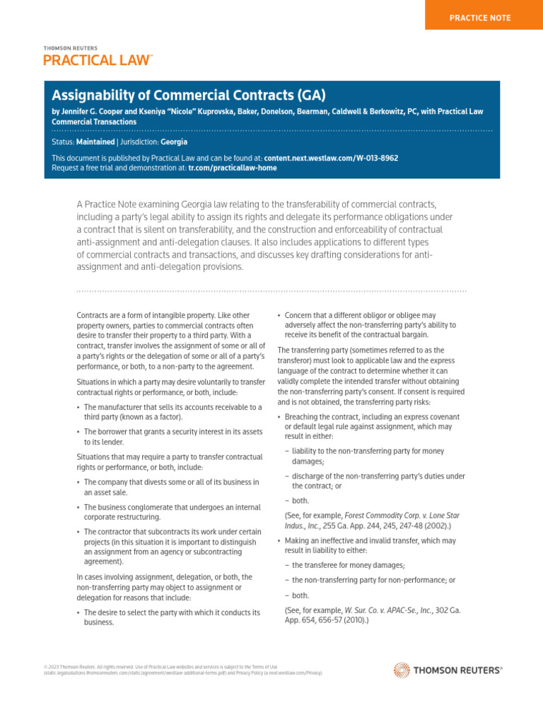 Assignability of Commercial Contracts (GA) | PDF | Assignment (Law ...