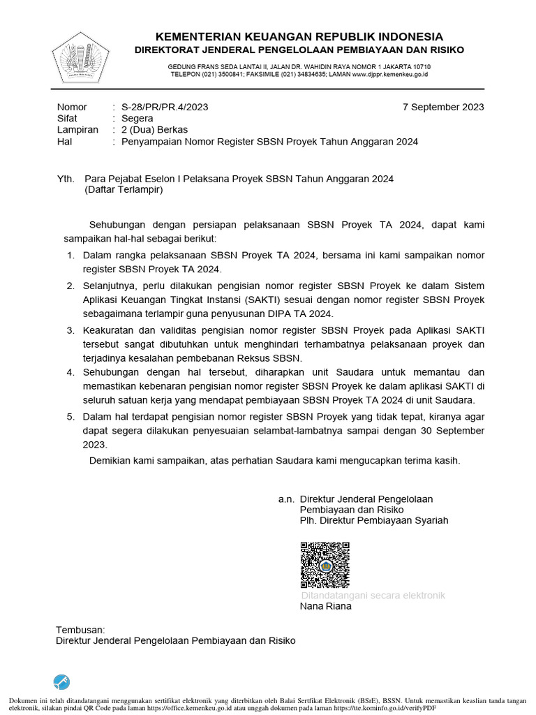 Nomor Register SBSN Proyek 2024 | PDF