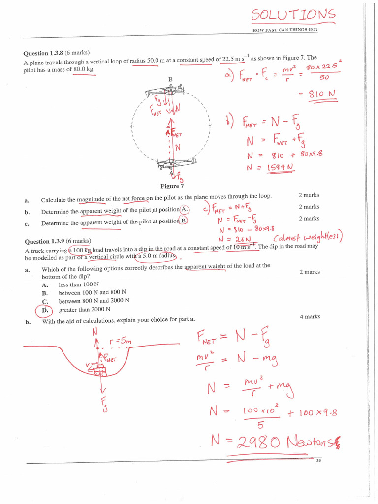 Vertical Circular Motion Worksheet (Solutions) | PDF