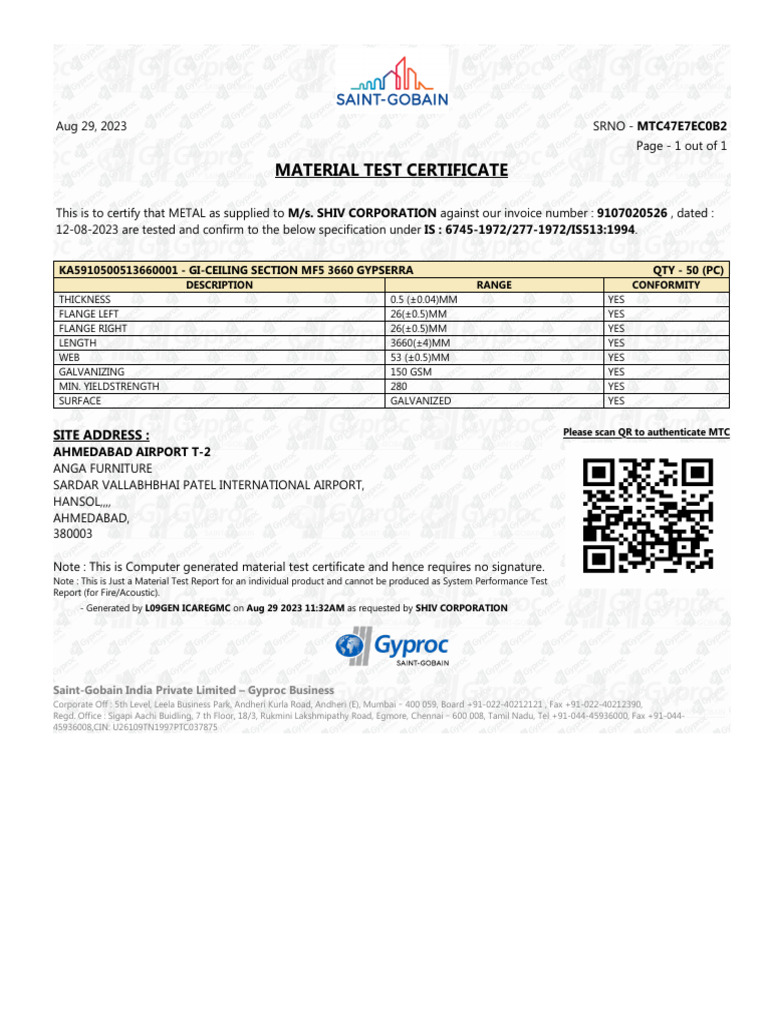 Manufacturing Test Certificate - SHIV CORPORATION GYPSERRA 9107020526 | PDF