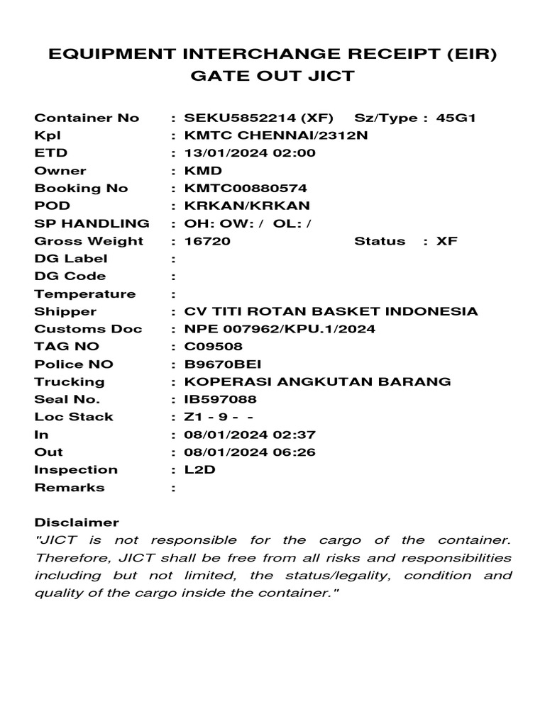 Equipment Interchange Receipt (Eir) Gate Out Jict | PDF