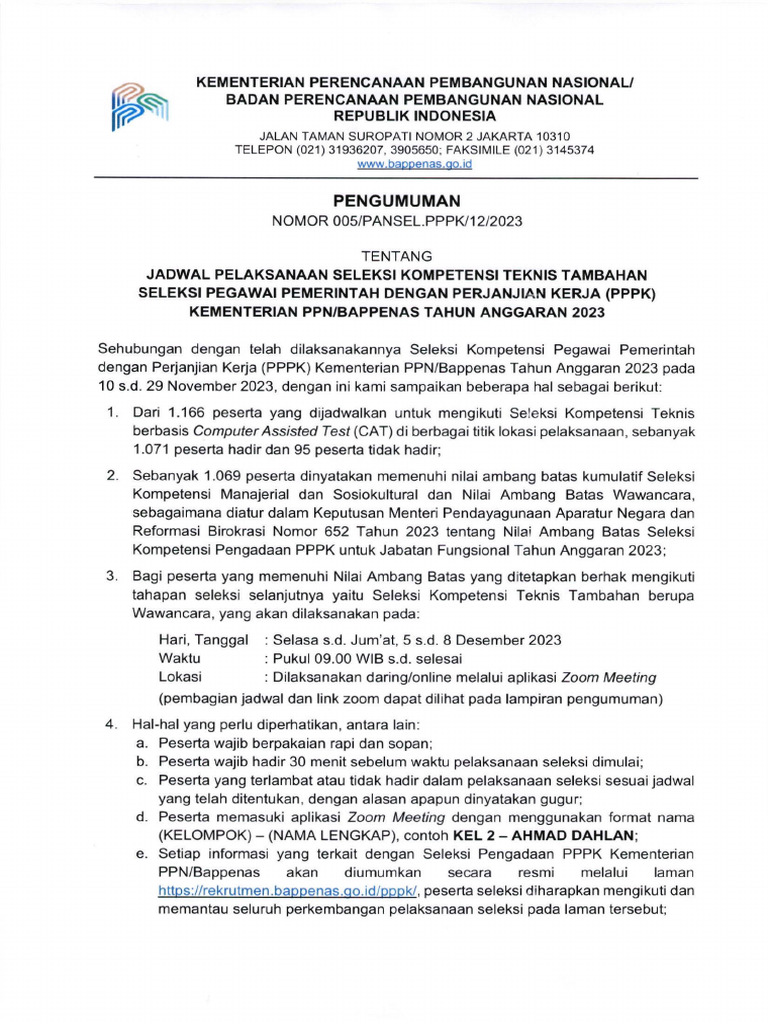 Pengumuman 005 Jadwal Pelaksanaan SKTT PPPK 2023 | PDF