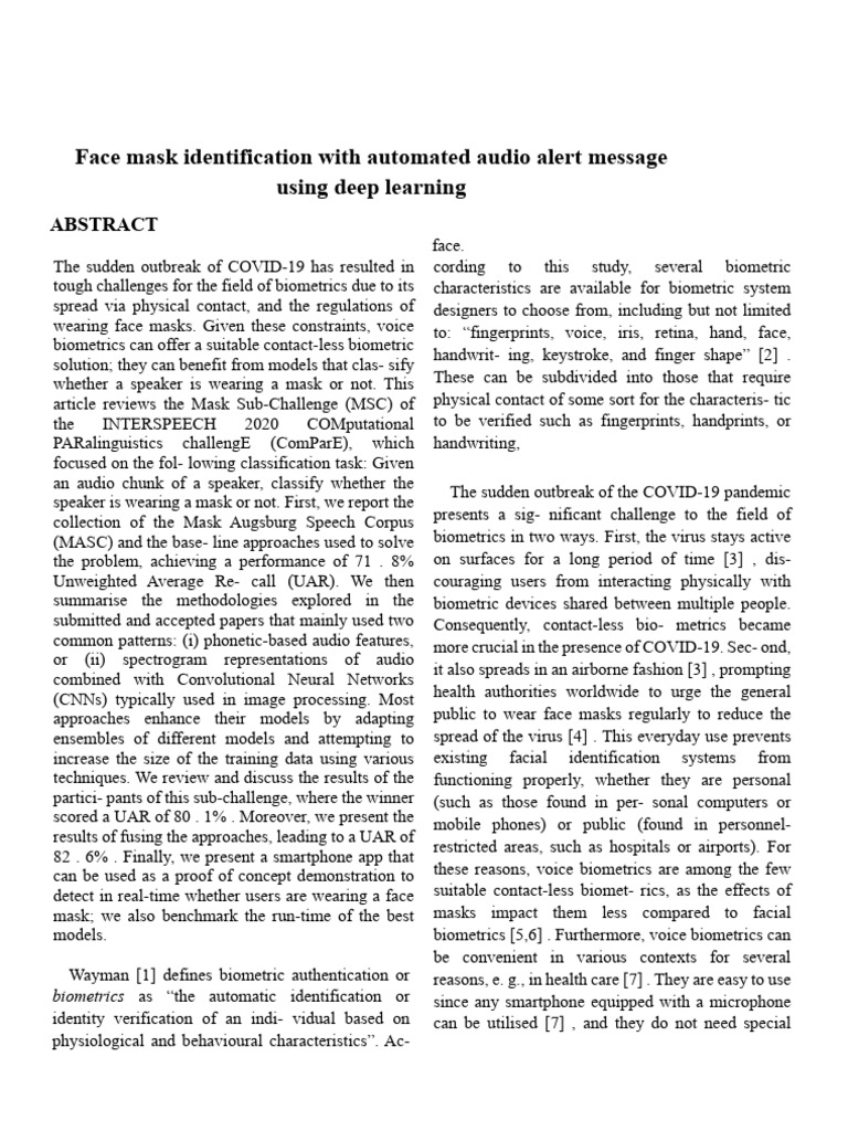 Mask Detection via Voice Biometrics | PDF | Biometrics | Computing