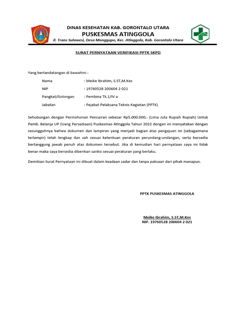 Surat Pernyataan PPTK | PDF
