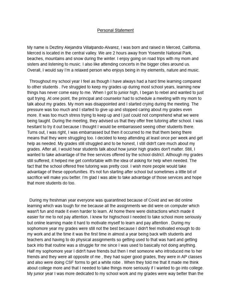 Deztiny Villalpando-Alvarez - Personal Statement 1 | PDF | Sibling | Schools