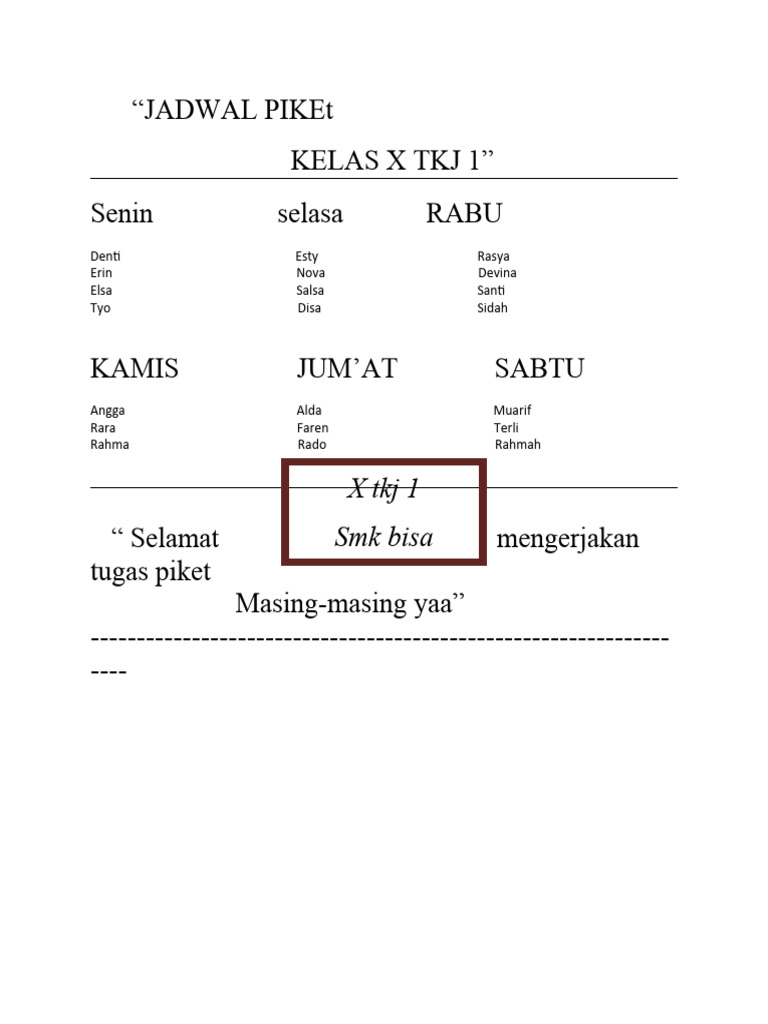 Jadwal Piket Kelas X TKJ 1 | PDF