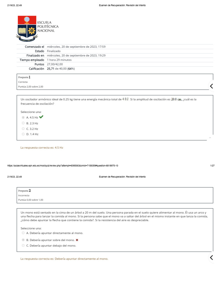 Examen de Recuperación - Revisión Del Intento | PDF | Fuerza | Oscilación