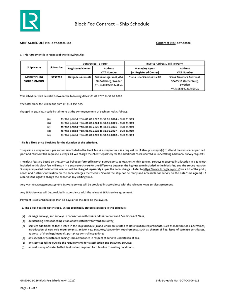 Block Fee Ship Schedule Agreement | PDF | Ships | Shipping