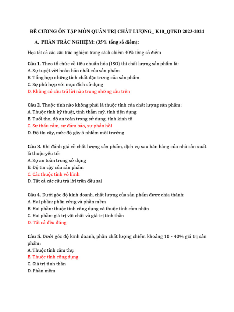 ĐỀ CƯƠNG ÔN TẬP QTCL K10 NH 23-24 | PDF
