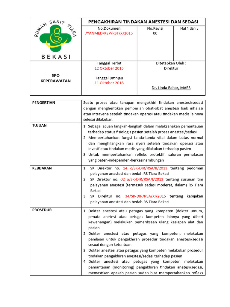 Prosedur Pengakhiran Tindakan Anastesi Sedasi | PDF