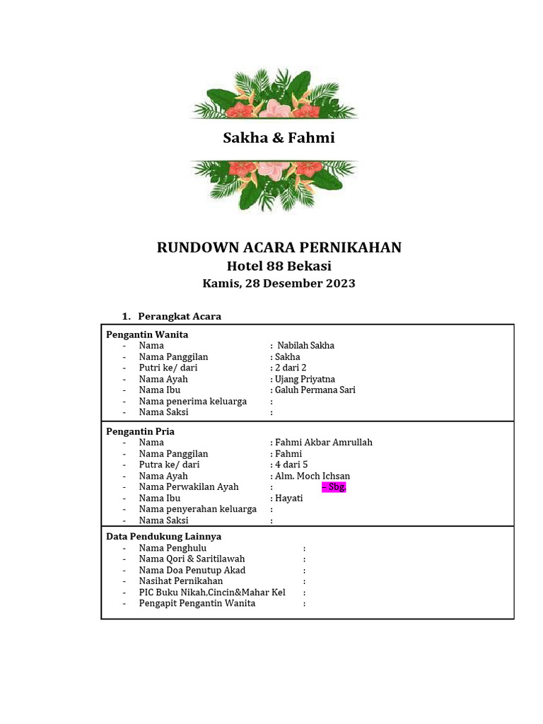 Rundown Acara Pernikahan Sakha & Fahmi | PDF