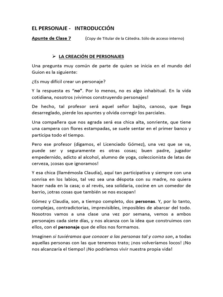 Clase 6. EL PERSONAJE. INTRODUCCIÓN. | PDF