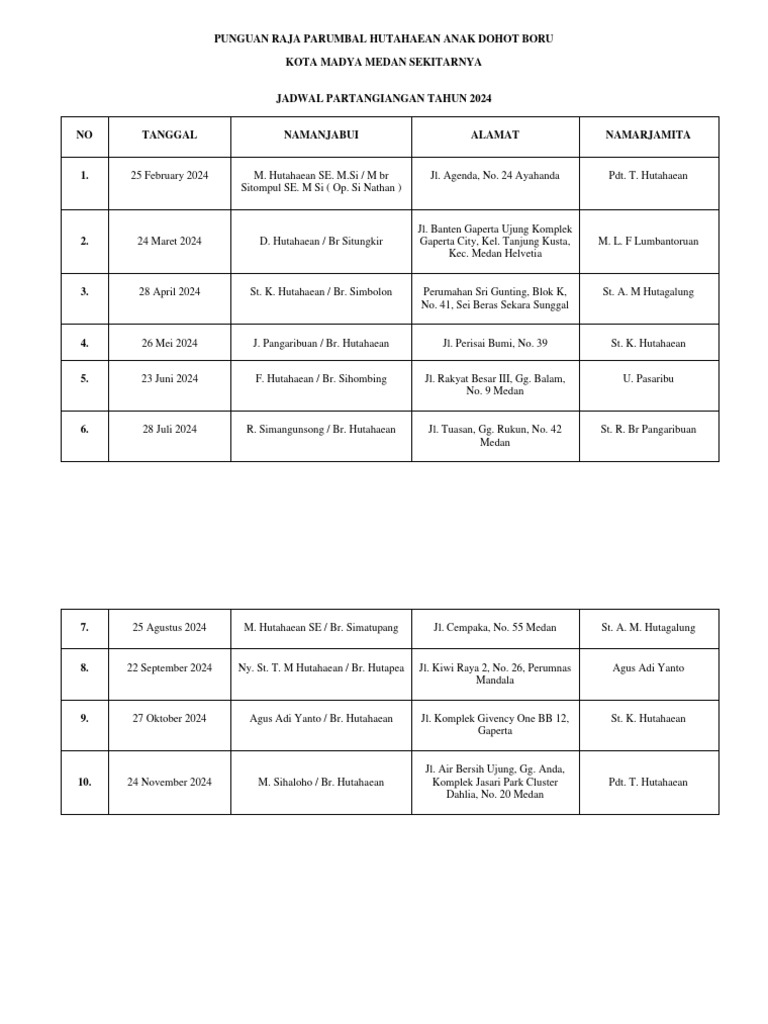 Jadwal Partangiangan Tahun 2024 | PDF