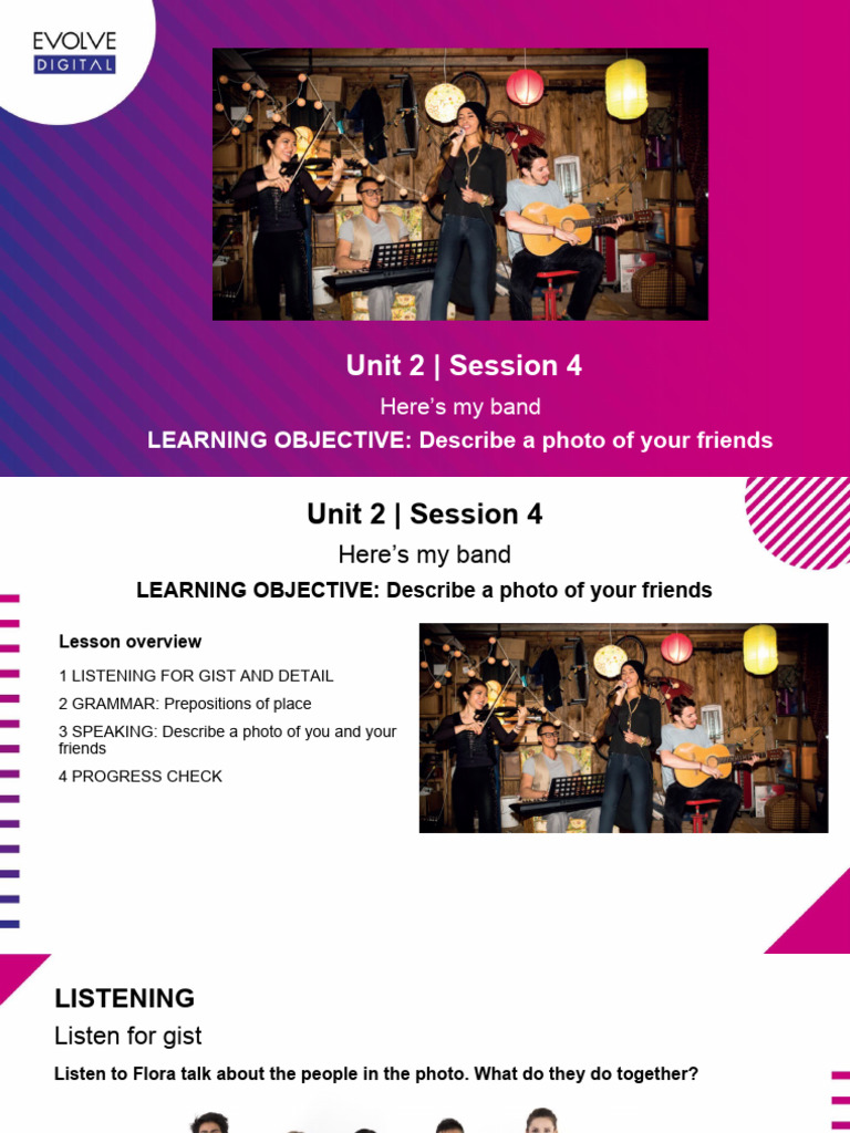 Unit 2 - Session 4: LEARNING OBJECTIVE: Describe A Photo of Your Friends | PDF | Linguistics ...