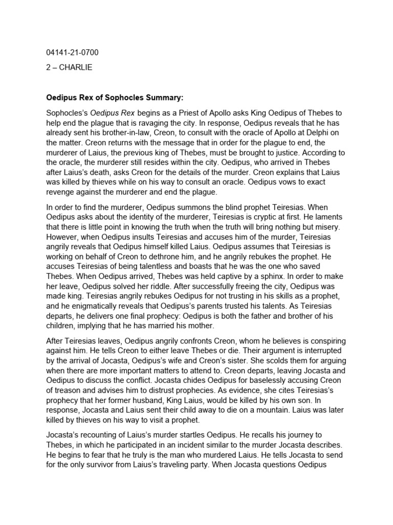 Oedipus Rex of Sophocles Summary | PDF | Sophocles | Ancient Thebes ...