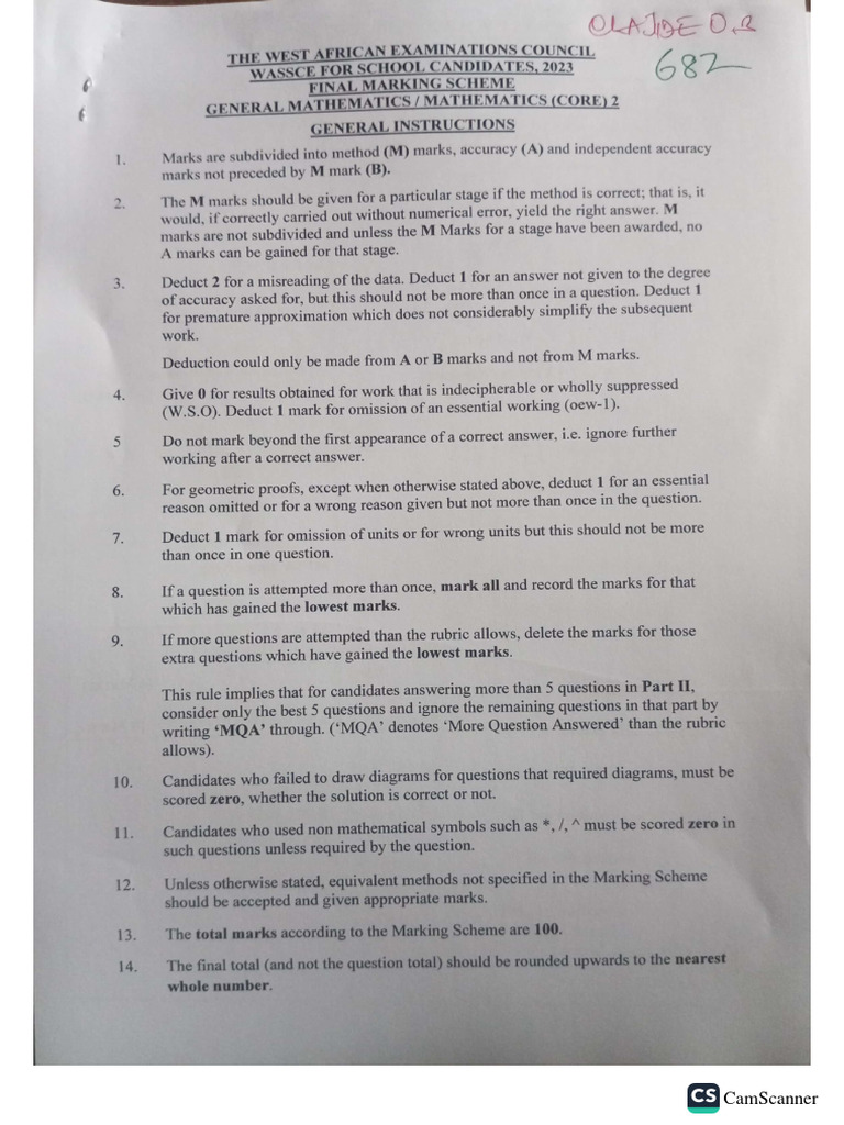 Waec May June 2023 Mathematics Marking Guide | PDF