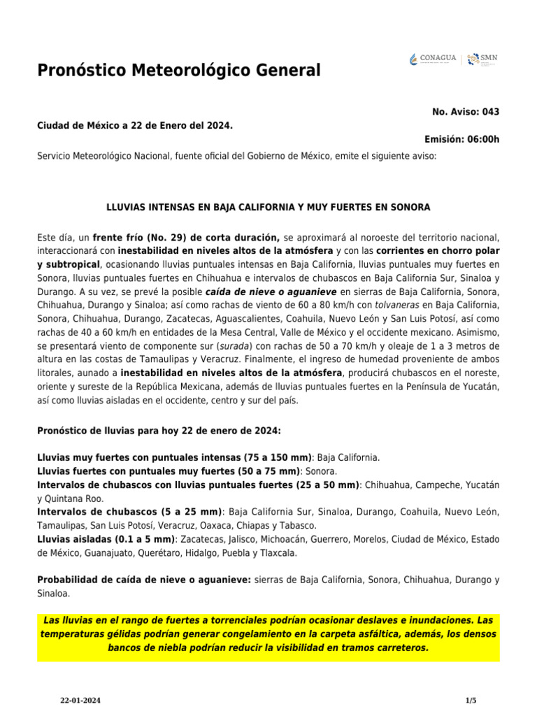 Pronóstico Meteorológico 22 de Enero 2024 | PDF | México | Chihuahua ...
