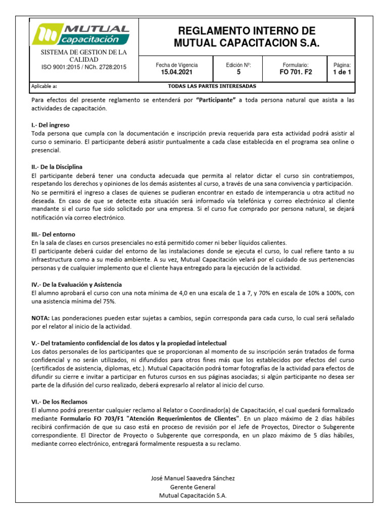 FO 701 F2 Reglamento Interno | PDF