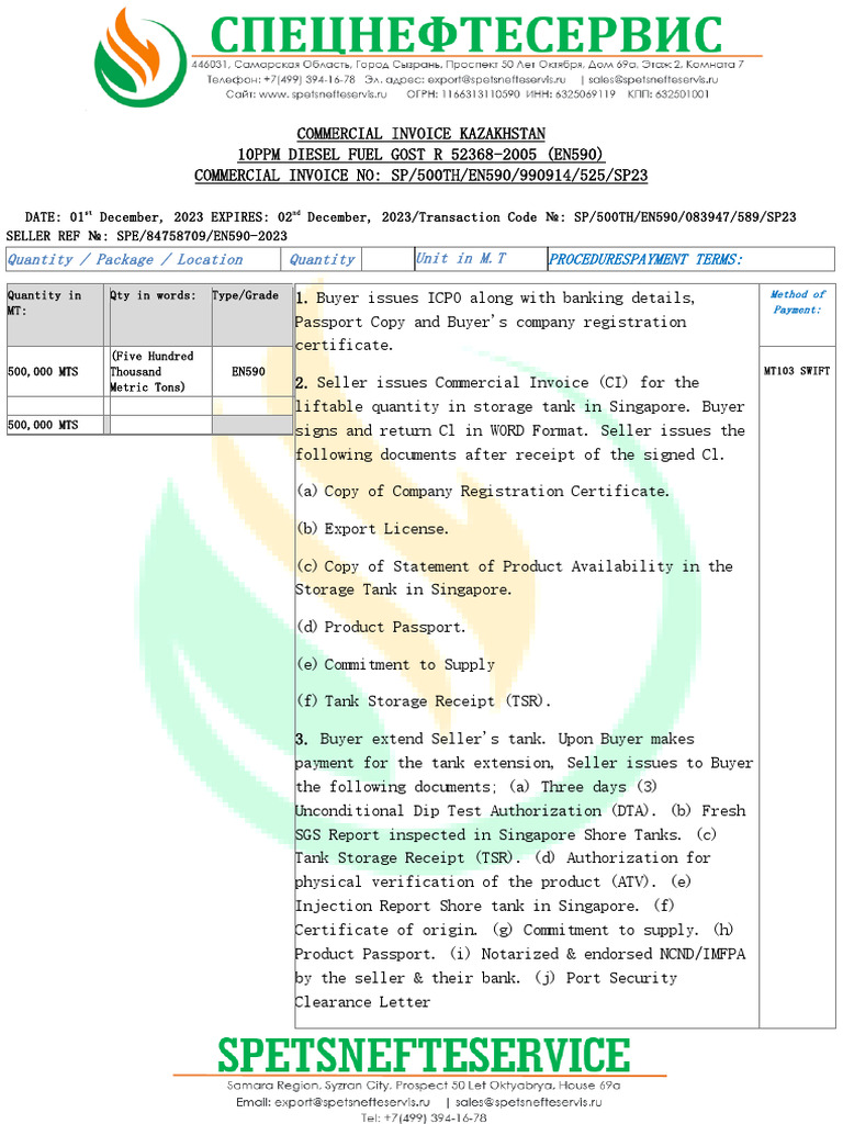 Kazakhstan EN590 Diesel Invoice | PDF | Invoice | Sales