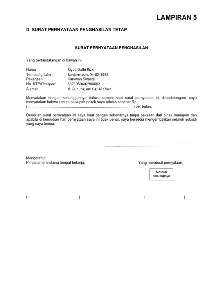 Lampiran 5 - Surat Pernyataan Penghasilan Tetap | PDF