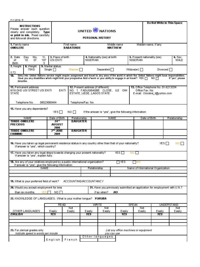 UN Personal History Form P11[1] | Employment | Academic Degree